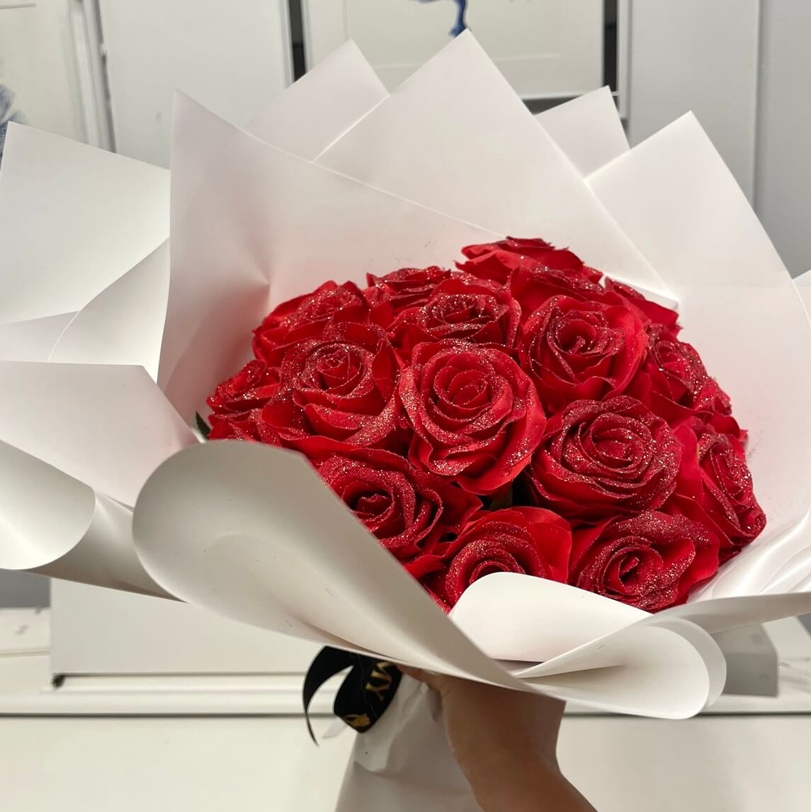 Pink Glitter Faux Roses Bouquet - BLOSSOMY